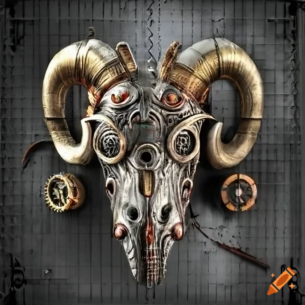 Chrome biomechanical Ram steampunk death mask on metal backdrop on Craiyon
