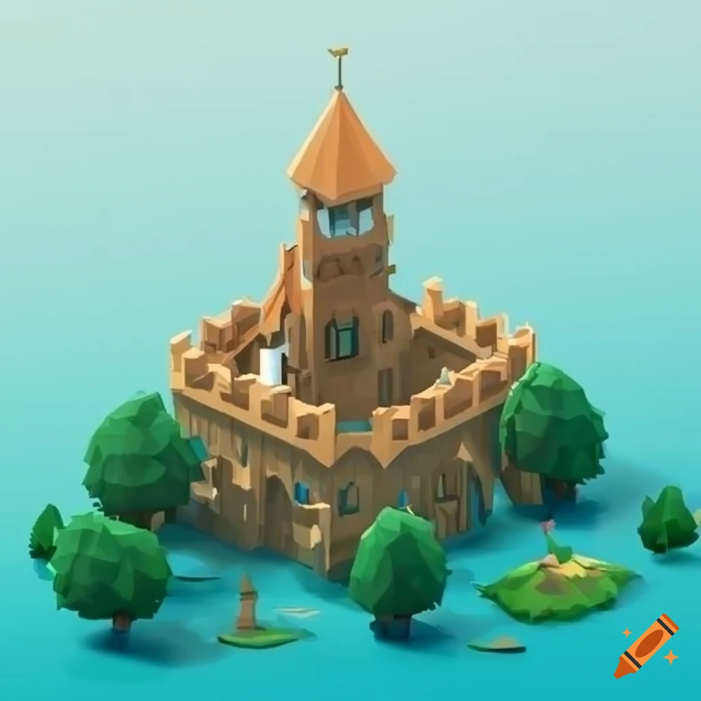 Low poly wooden castle and trees on Craiyon