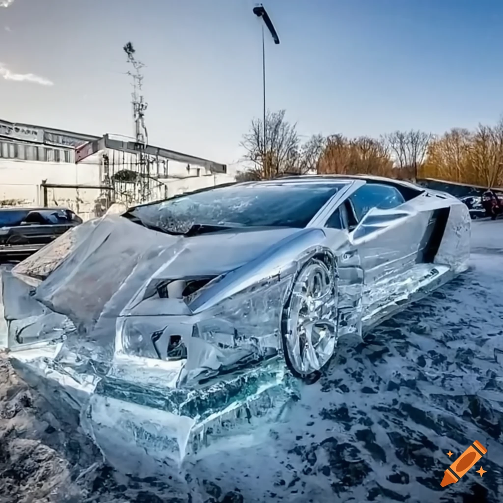 Impressive ice sculpture of a Lamborghini on the street on Craiyon