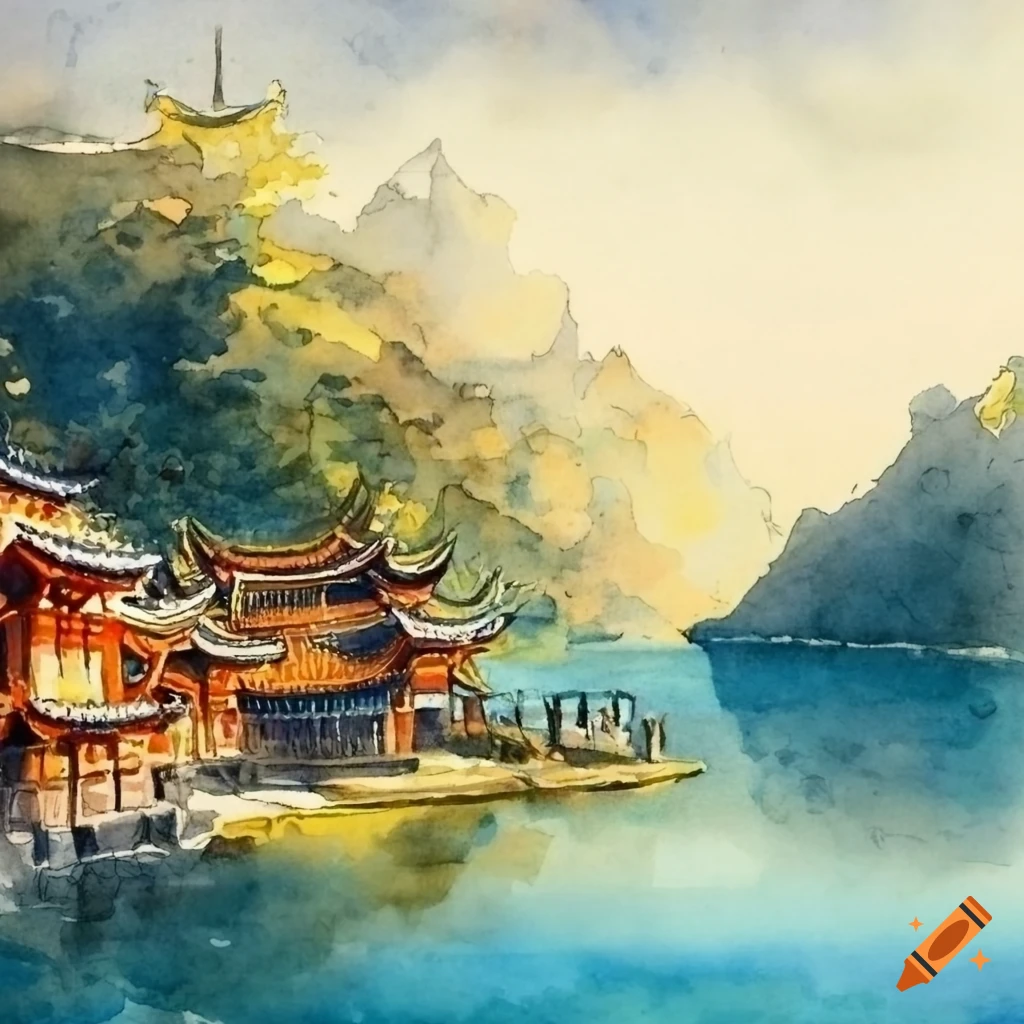 Watercolor painting of an ancient chinese village with a temple near ...