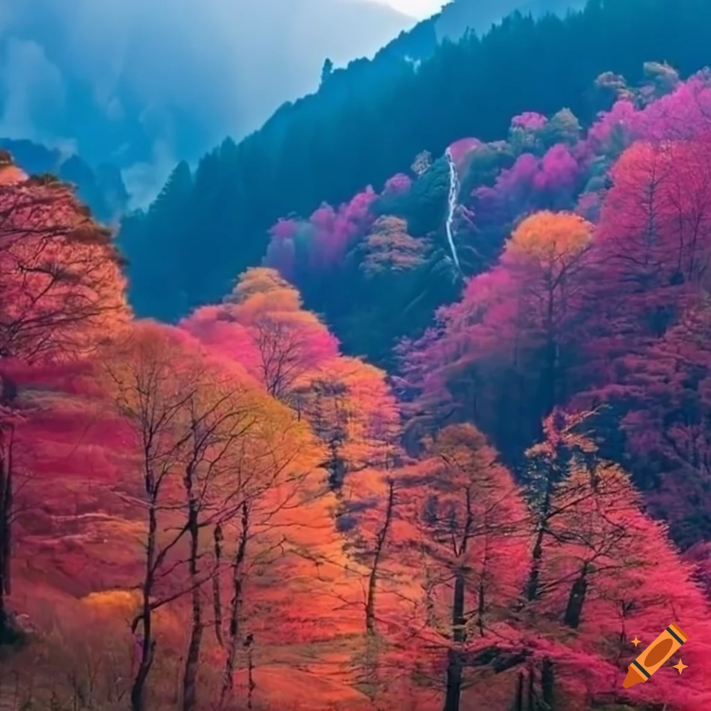 Mountain surrounded by pink forest trees in Japan on Craiyon