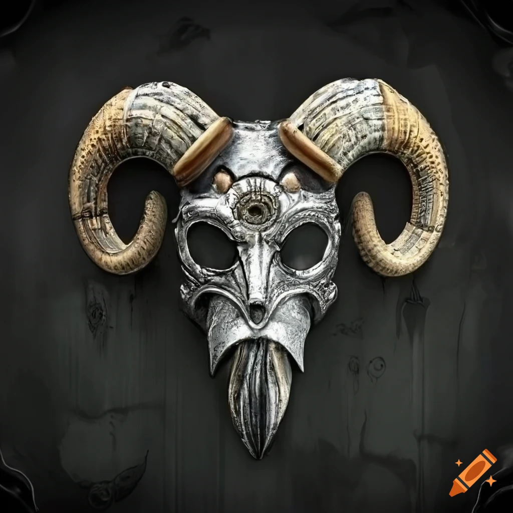 Chrome biomechanical ram steampunk death mask on metal backdrop on Craiyon