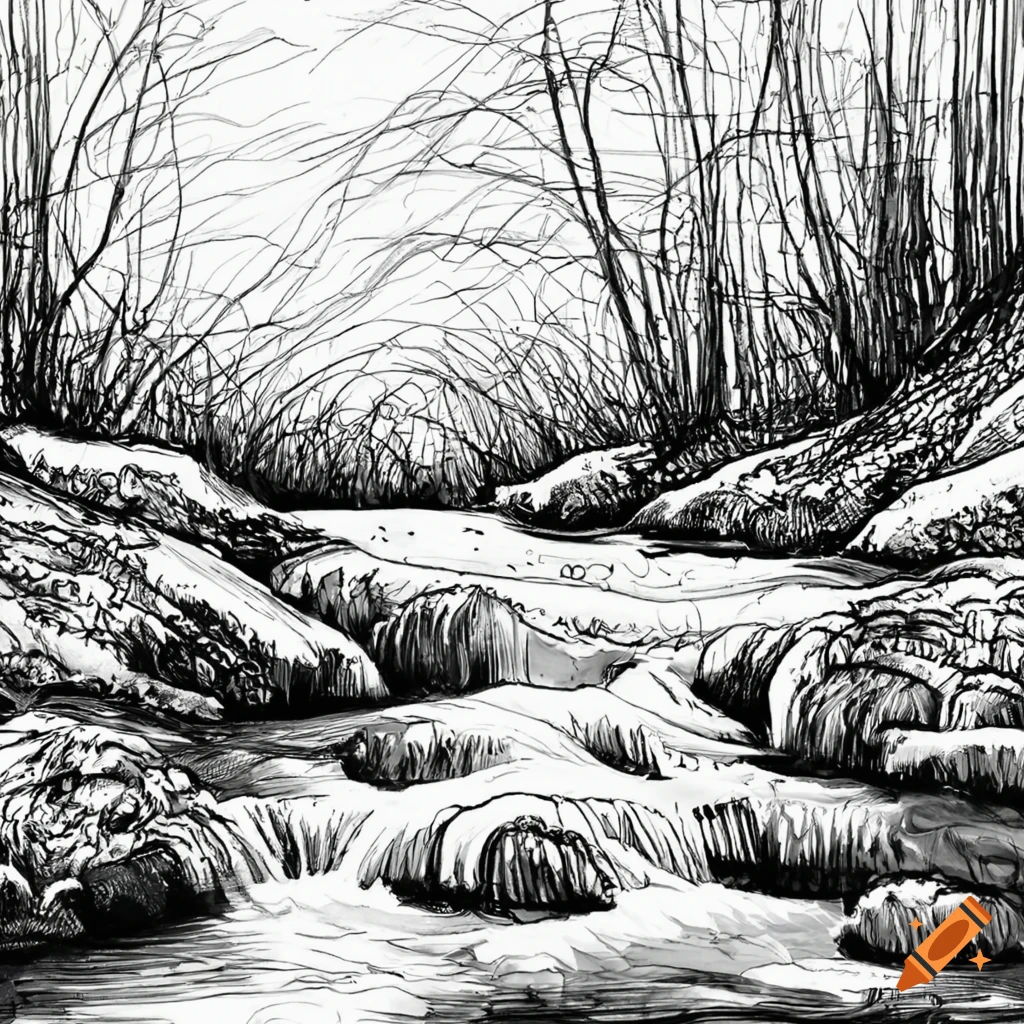 Black and white ink drawing of two streams merging on Craiyon