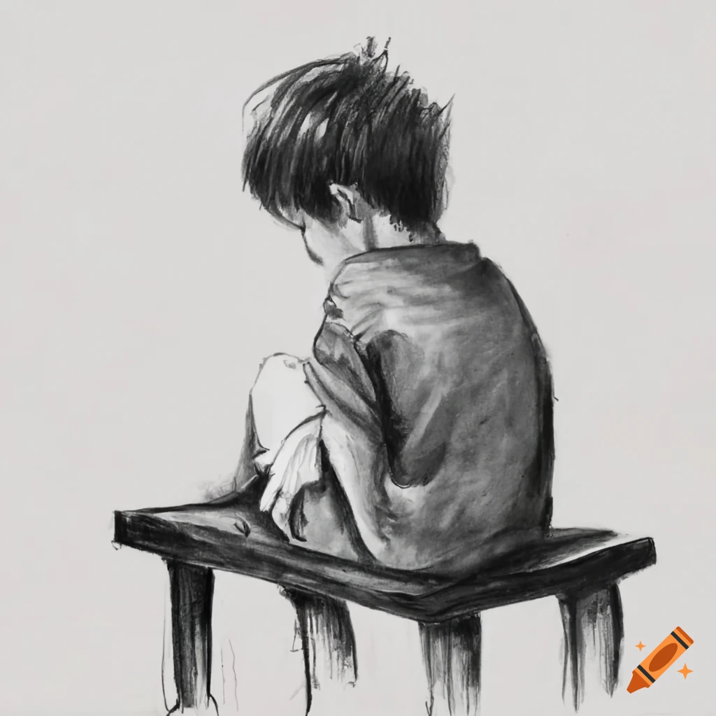 Pencil sketch of a boy sitting alone on a bench on Craiyon