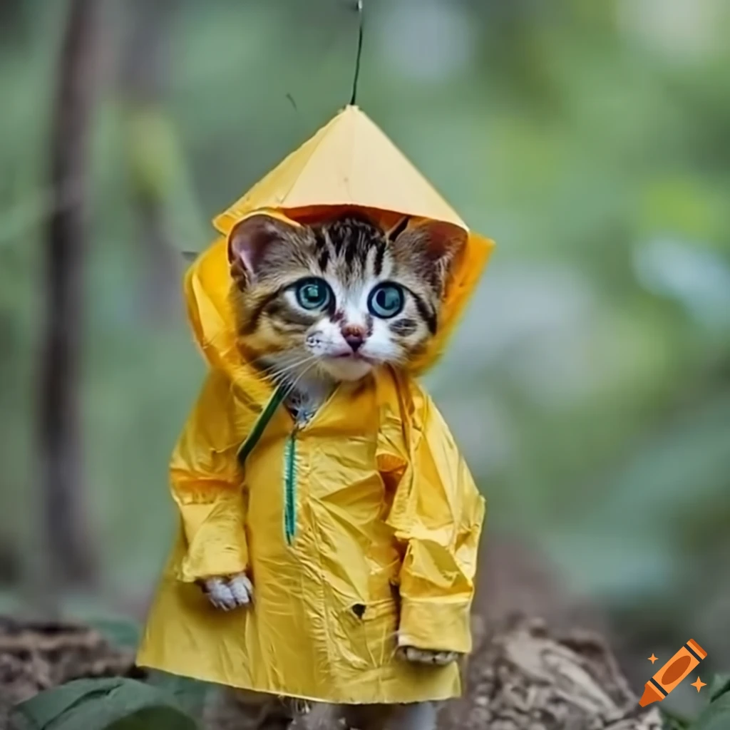 Photograph of a cute kitten in a yellow raincoat on Craiyon