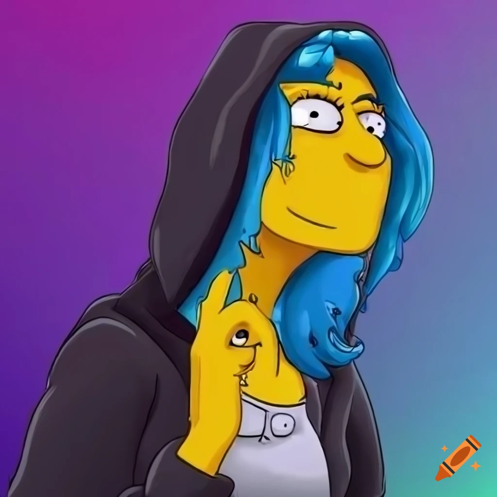 Blue-haired woman in a Simpson-style hoodie with a mischievous smile on ...