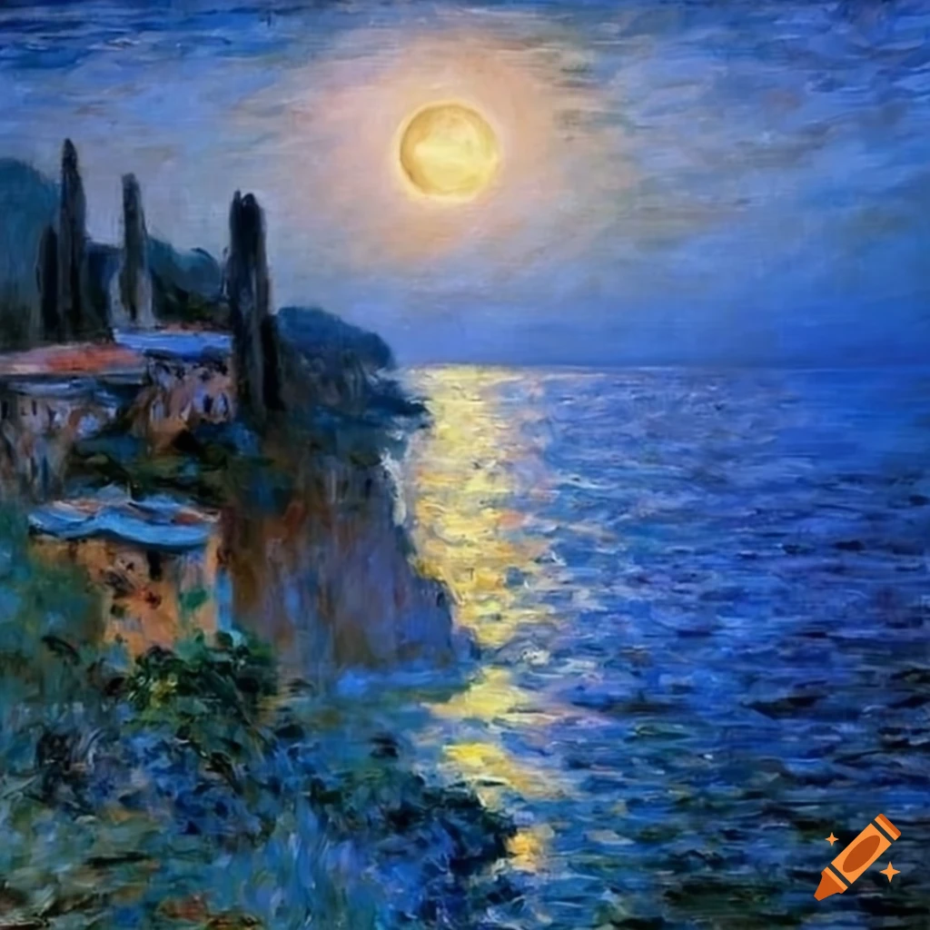 Claude monet painting of a moonlit italian coastal villa on Craiyon