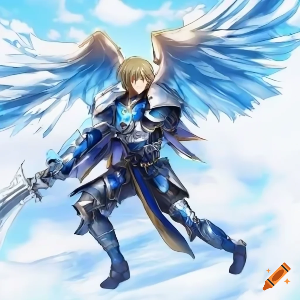 Anime style male angelic knight in silver and blue armor on Craiyon