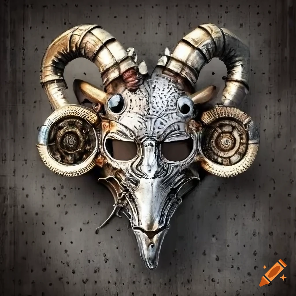 Chrome biomechanical Ram steampunk death mask on metal backdrop on Craiyon