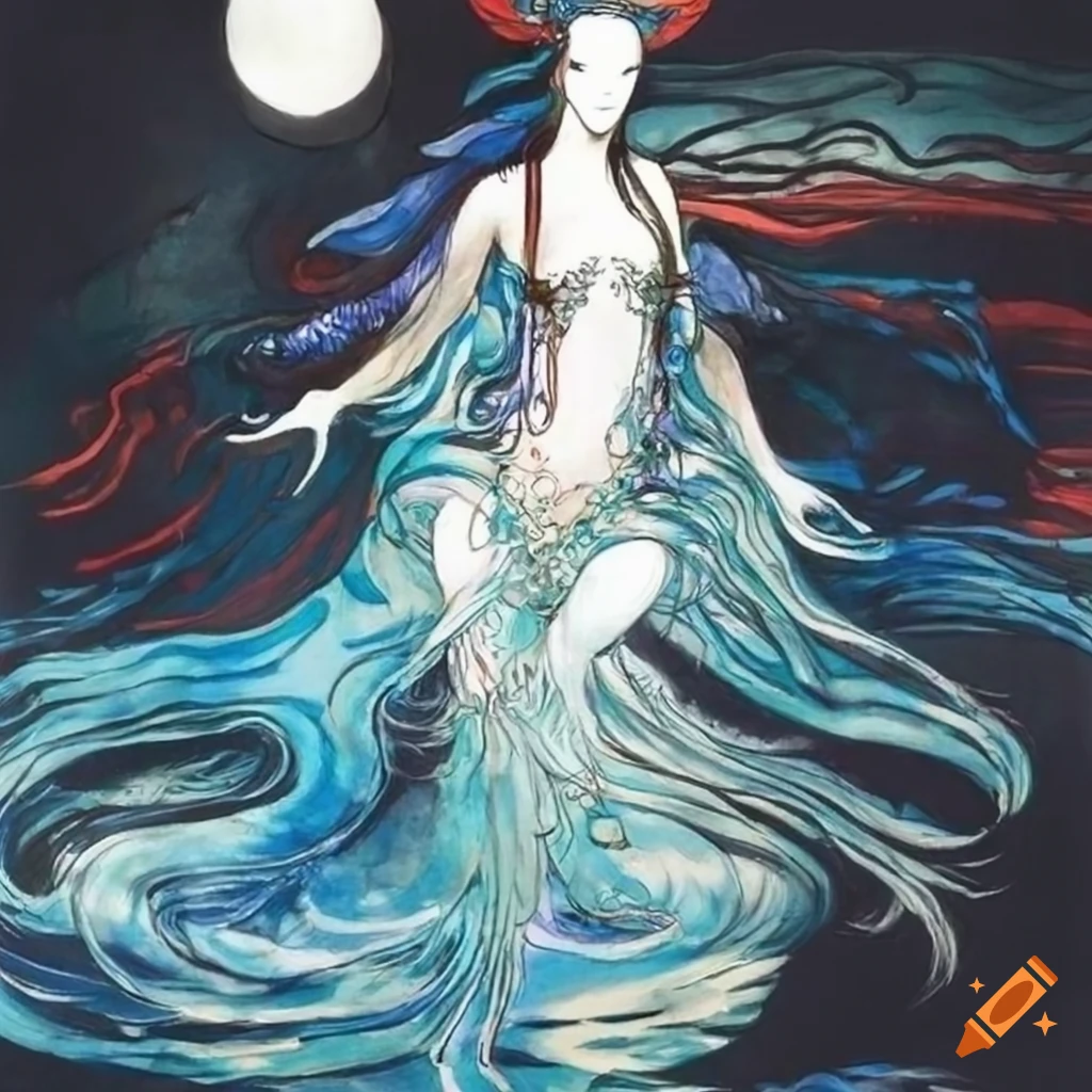 Yoshitaka Amano-style portrait of Undine, Goddess of Water on Craiyon