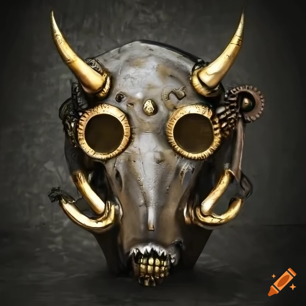 Biomechanical steampunk death mask on grungy metal backdrop