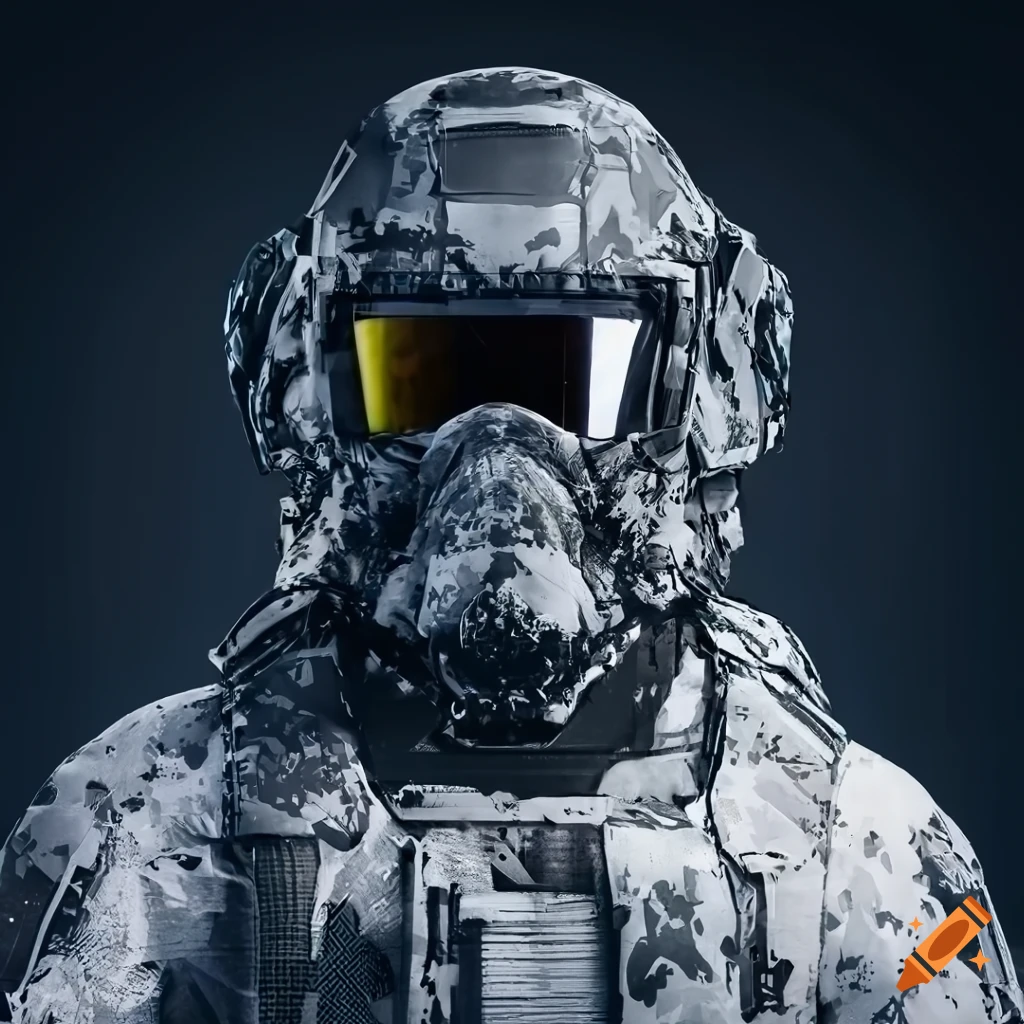 Ultra-realistic image of a futuristic soldier in snow camo gear on Craiyon