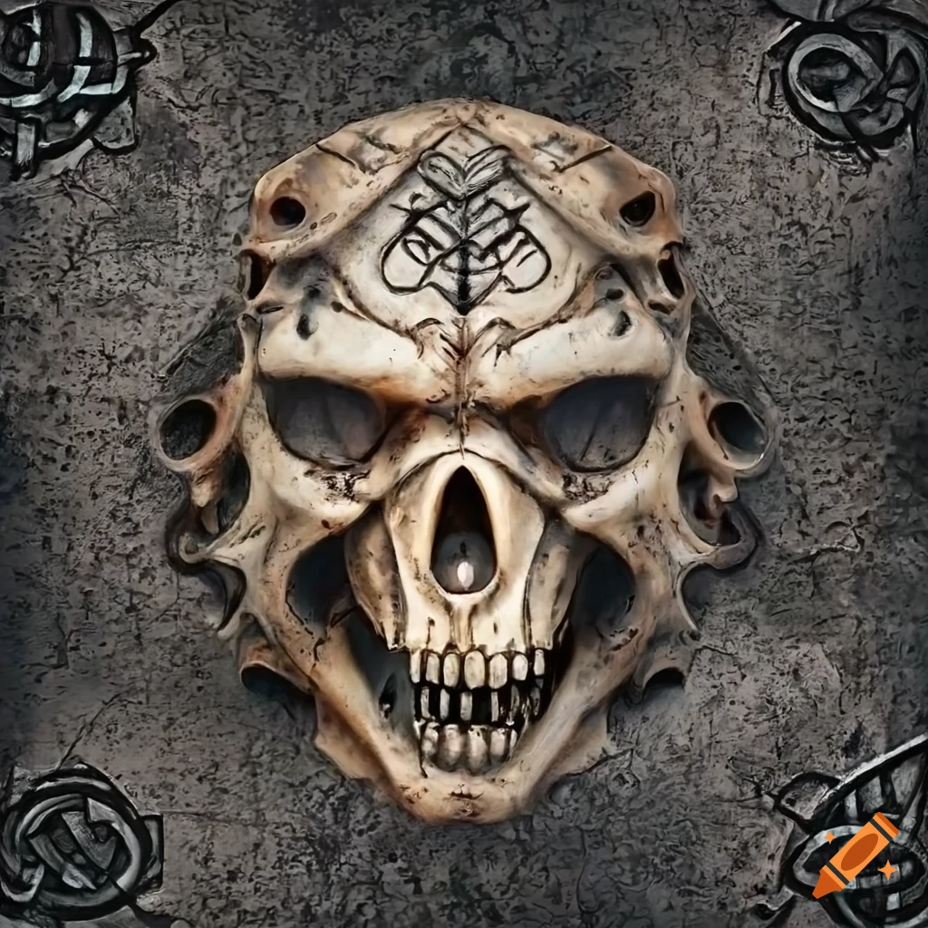 Biomechanical bear skull death mask with norse runes on bear skin ...