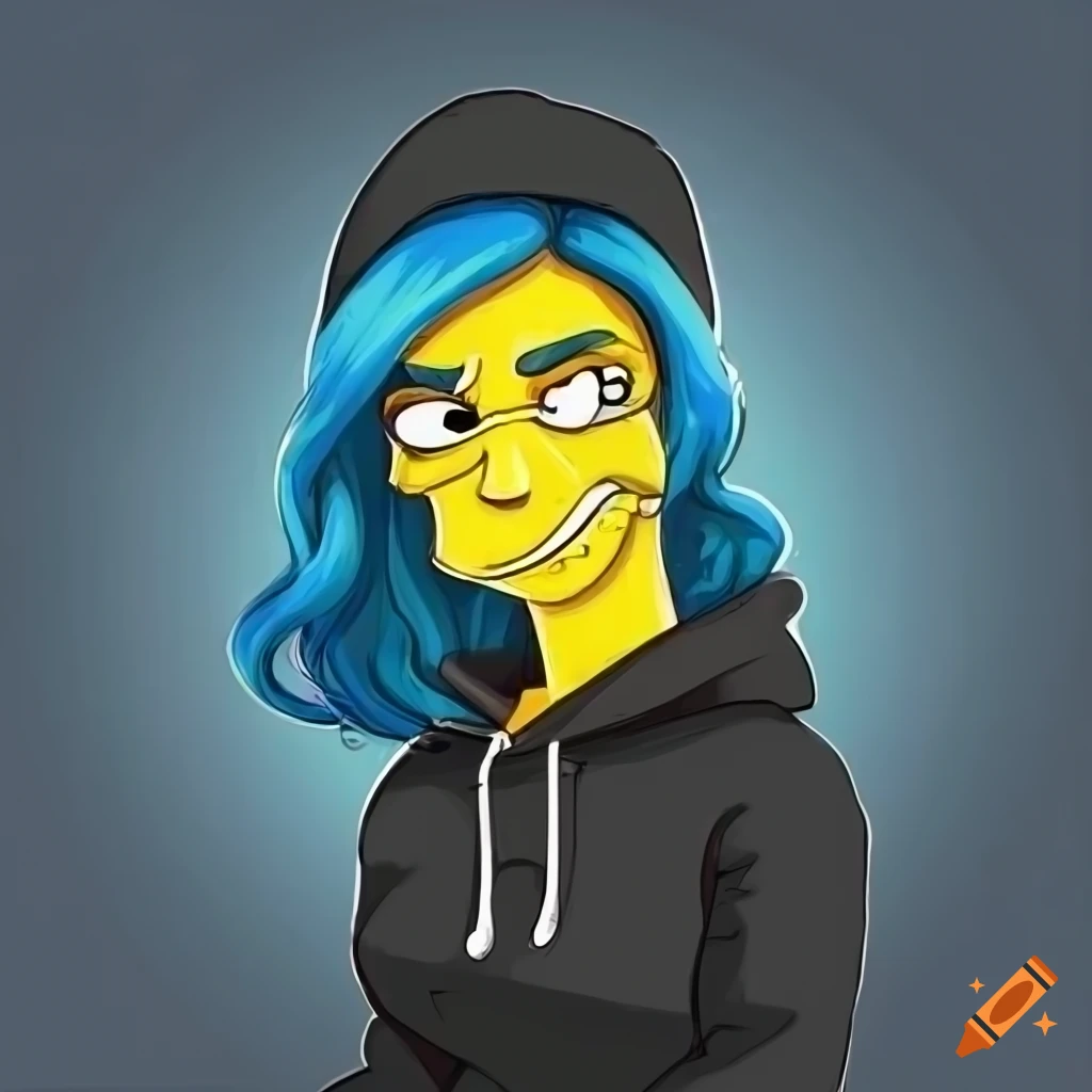 Mischievous blue-haired woman in a Simpsons-style hoodie on Craiyon