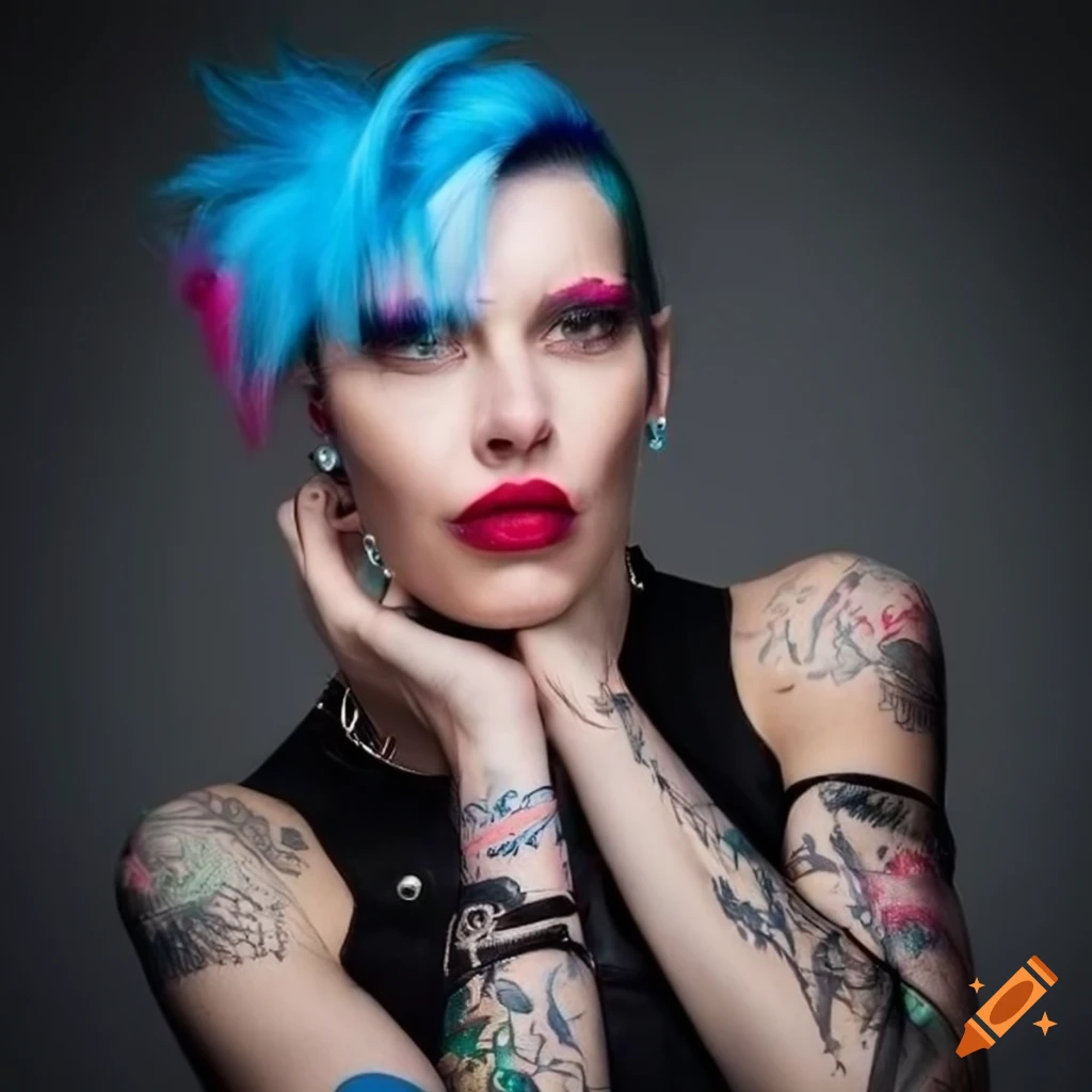 Vibrant portrait of a woman with punk fashion and striking hair on Craiyon