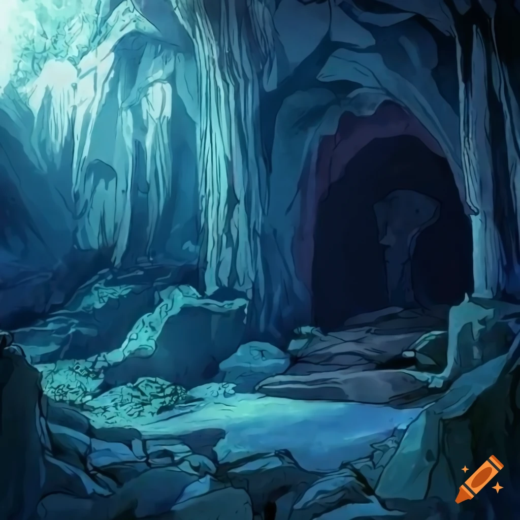 Manga-style illustration of a dark cave with elaborate tombs on Craiyon