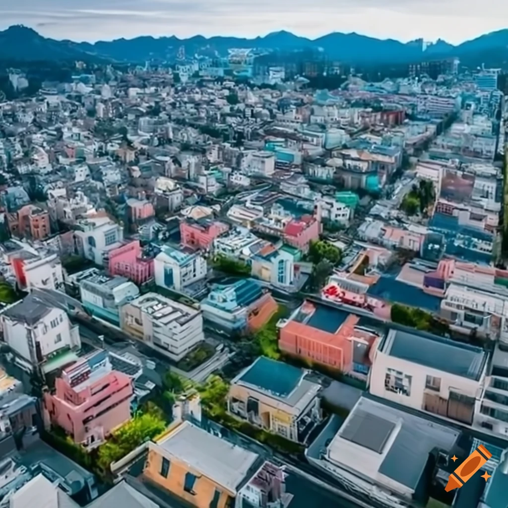 Aerial view of a modern Japanese neighborhood on Craiyon