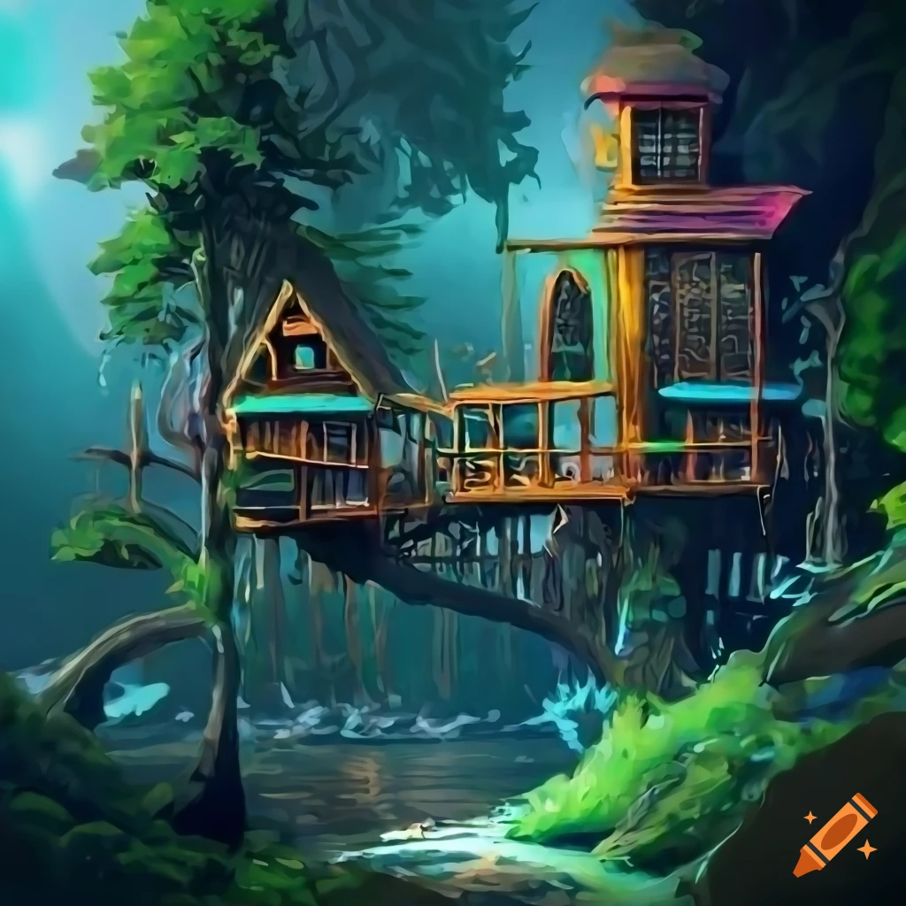 Colorful and detailed fantasy forest with a tree house cafe on Craiyon