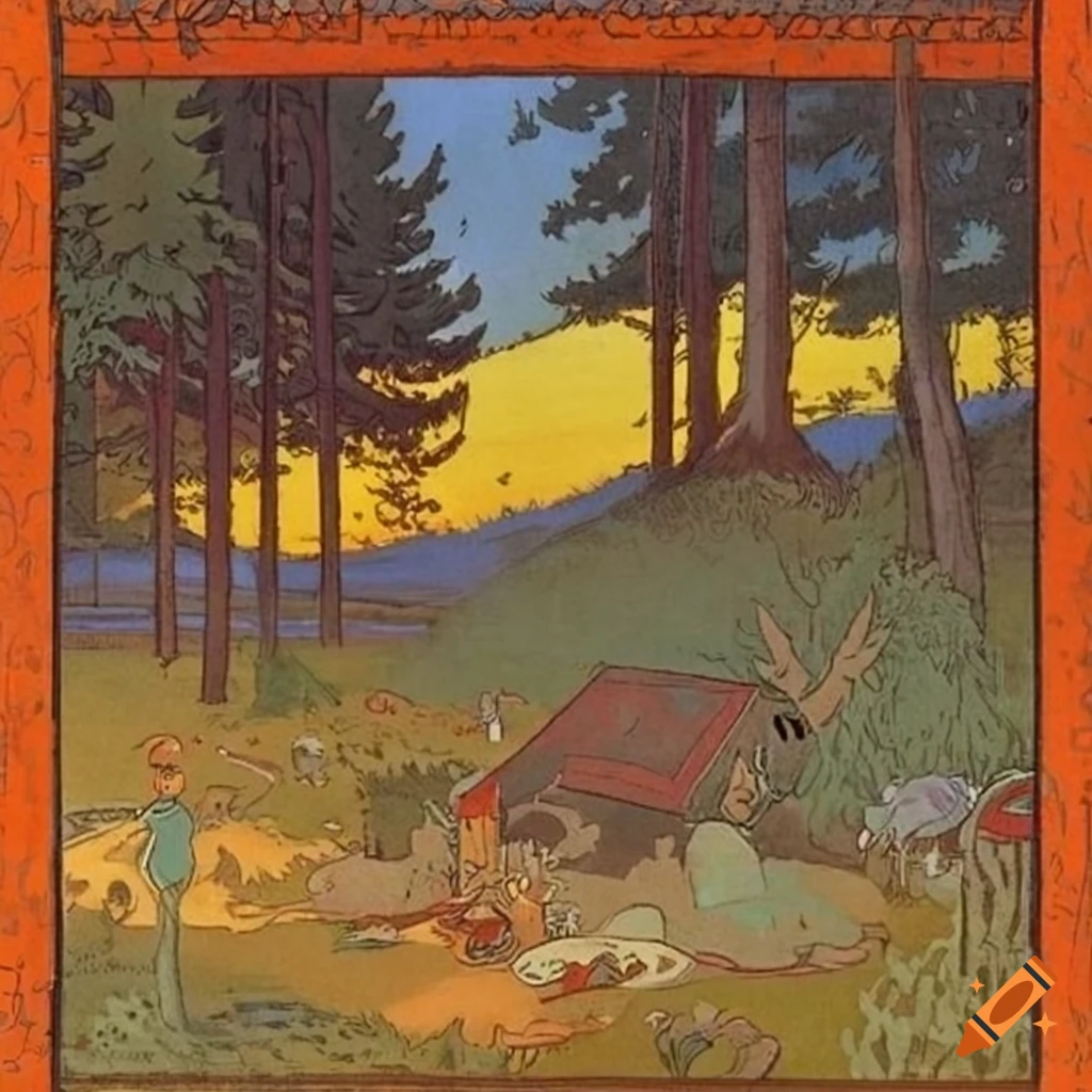 Illustration of a knight in a pine tree forest at sunrise on Craiyon