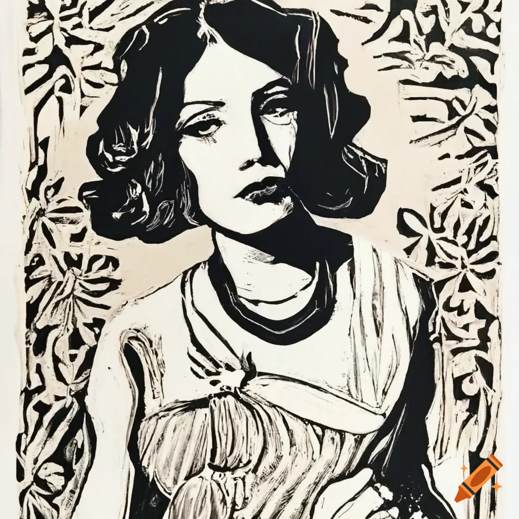 Lino print style artwork of women in various poses on Craiyon