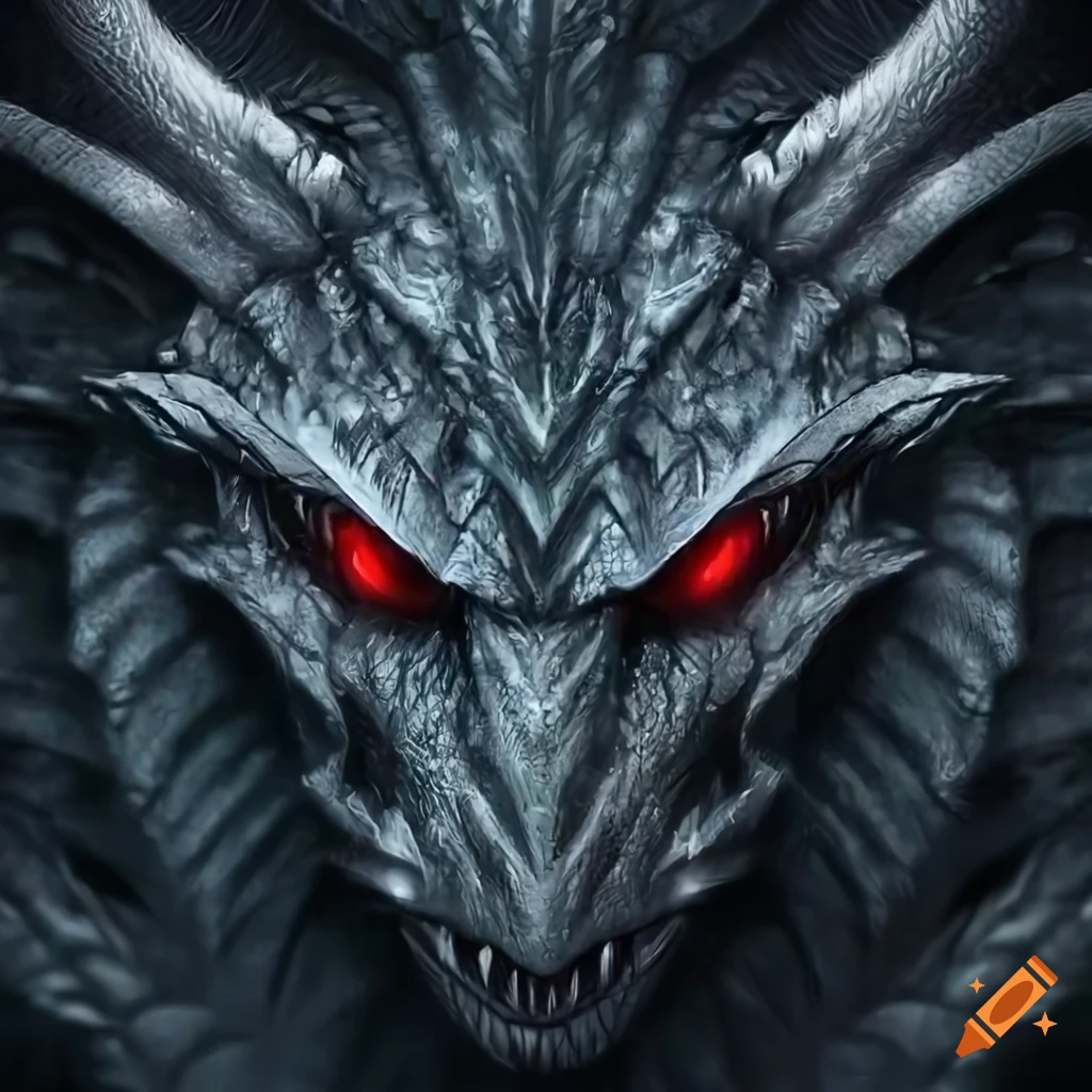 Close up of a fierce dragon face with red eyes