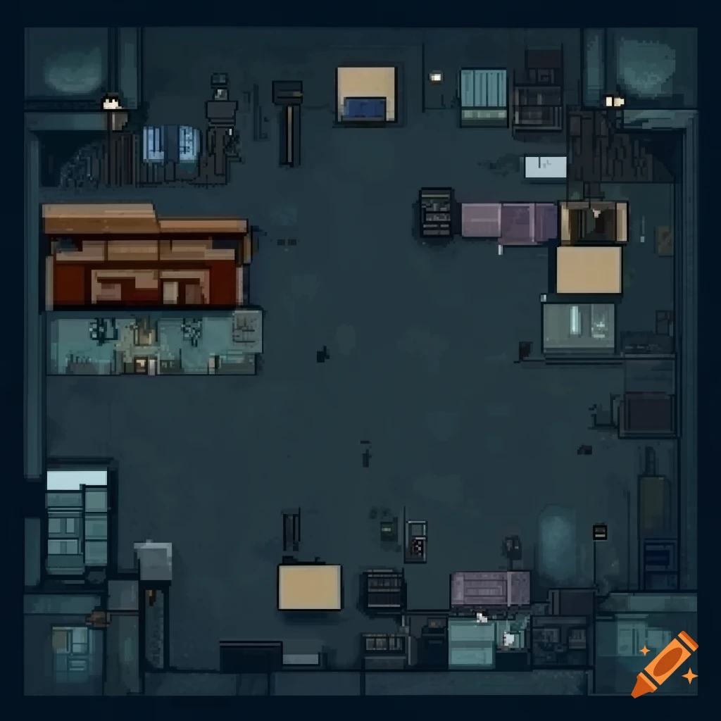 Top view pixel art of a hotel bar on Craiyon