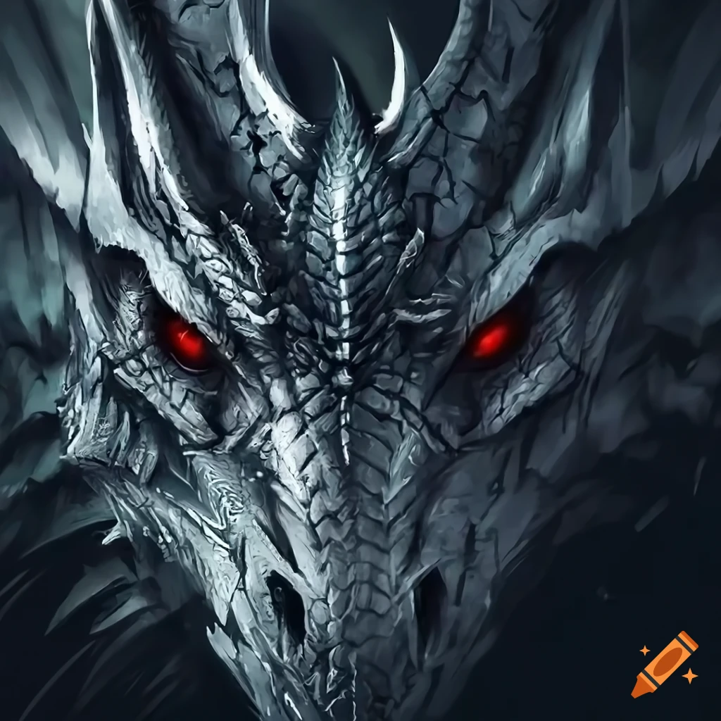 Close up of a fierce gray dragon with red eyes on Craiyon
