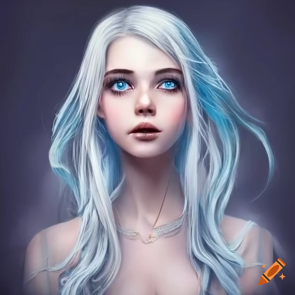 Portrait of a girl with white hair and blue eyes on Craiyon