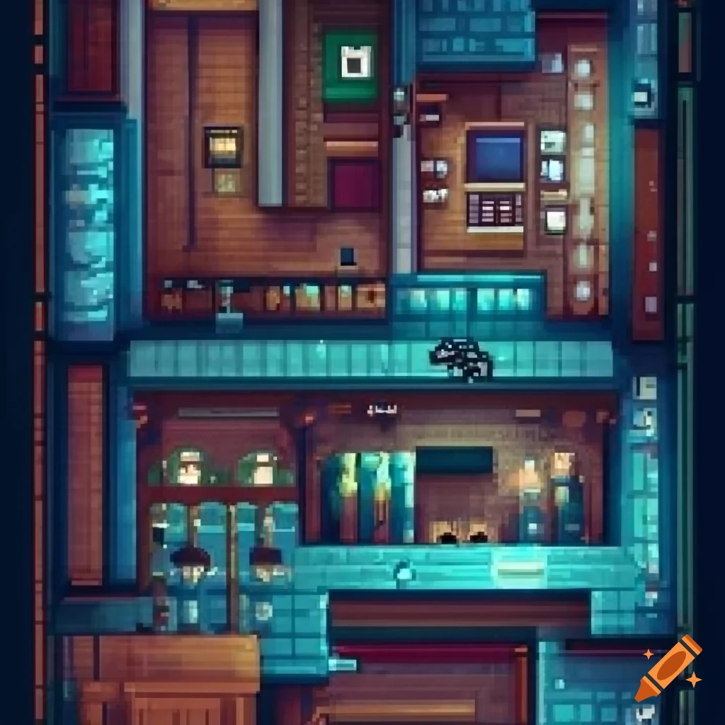 Top view pixel art of a hotel bar on Craiyon