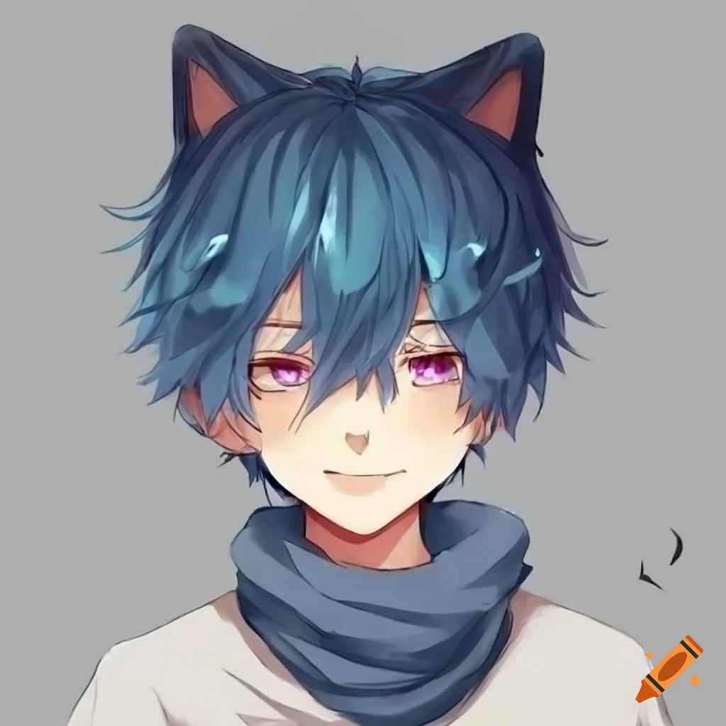 Anime illustration of a cat boy with blue hair on Craiyon