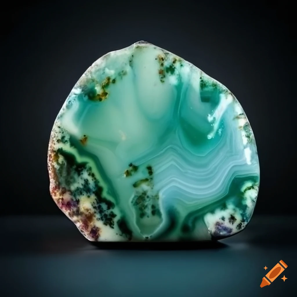Close-up of a moss agate gemstone with unique patterns on Craiyon
