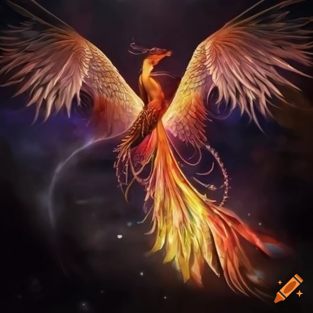 Artwork of a fairy phoenix in a magical realm on Craiyon