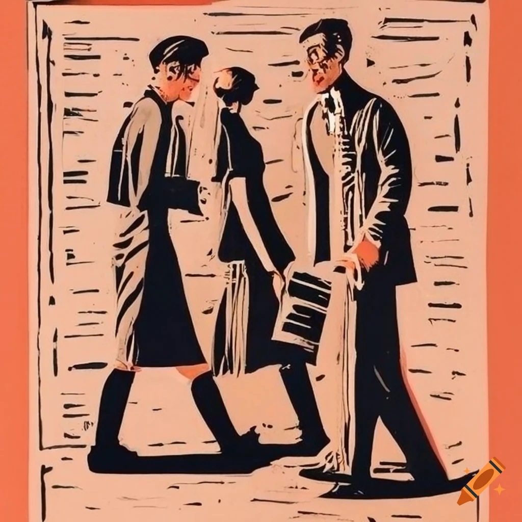 Linocut style illustration of people in the workplace on Craiyon