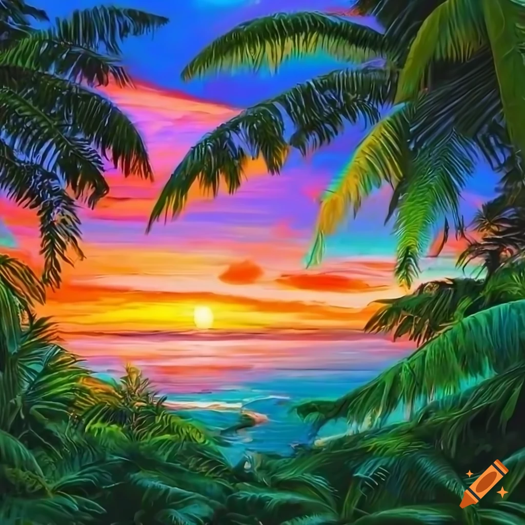 Velvet painting of a tropical beach at sunset on Craiyon