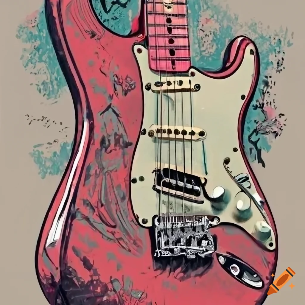 Ink illustration of a red 1954 Fender Stratocaster on Craiyon