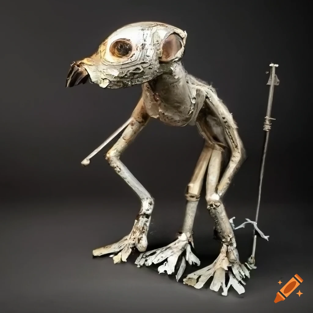 Sculpture of a dog alien hybrid made from recycled materials on Craiyon