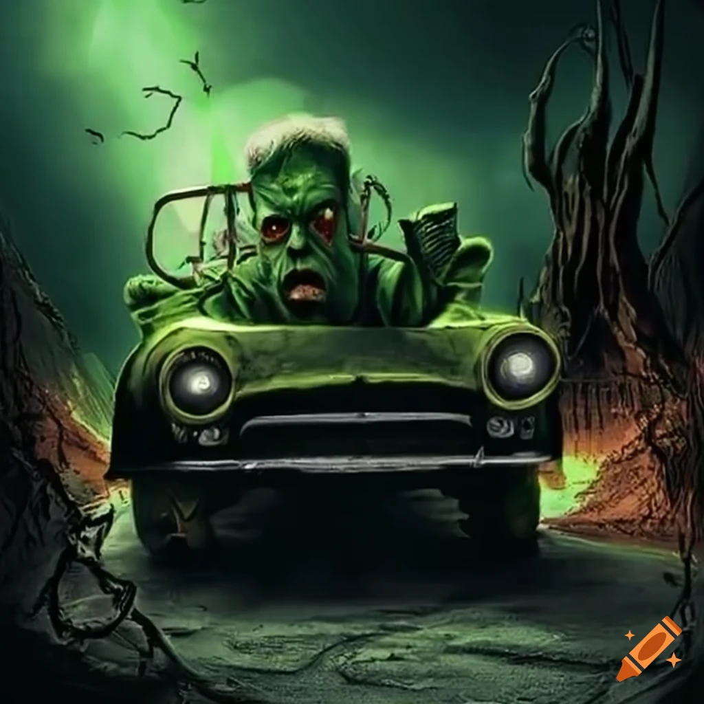 Frankenstein's monster driving a car on Craiyon
