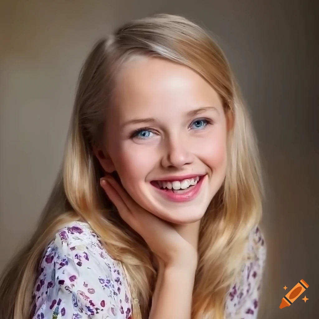 Portrait of a beautiful happy girl with light eyes on Craiyon