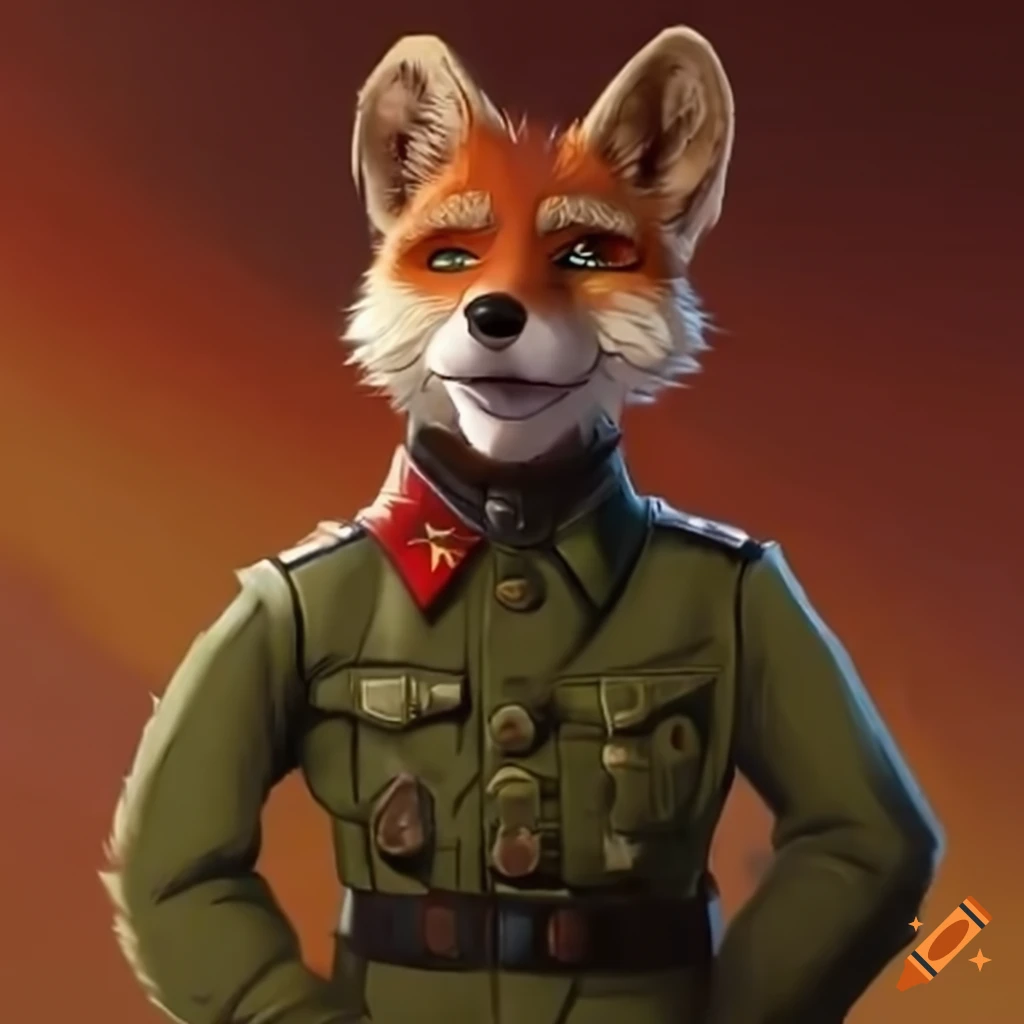 Anthro male fox dressed as a soviet tank crew on Craiyon