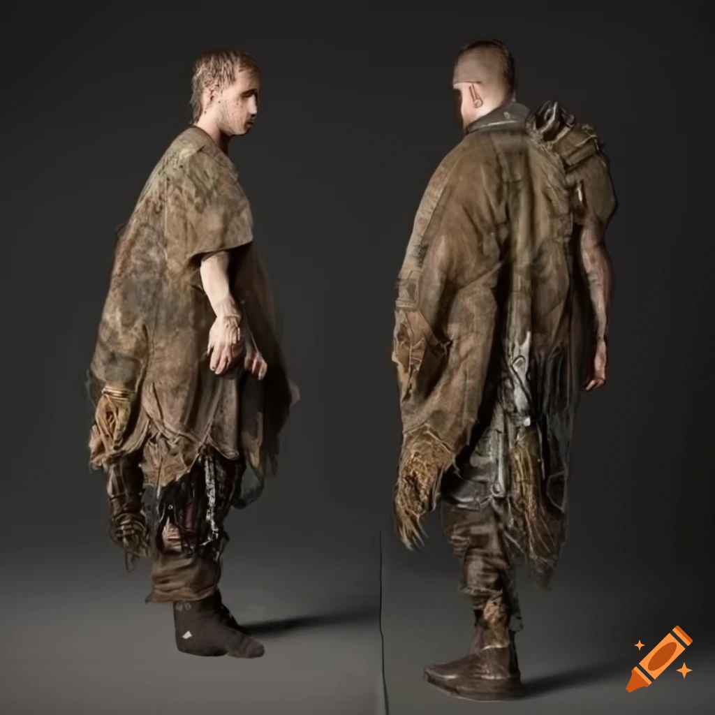 Side view sprite of a post-apocalyptic man in a poncho on Craiyon