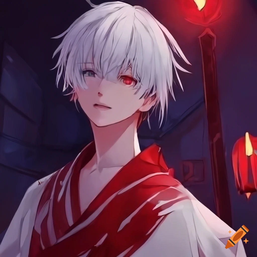Anime boy with white hair and red eyes on Craiyon