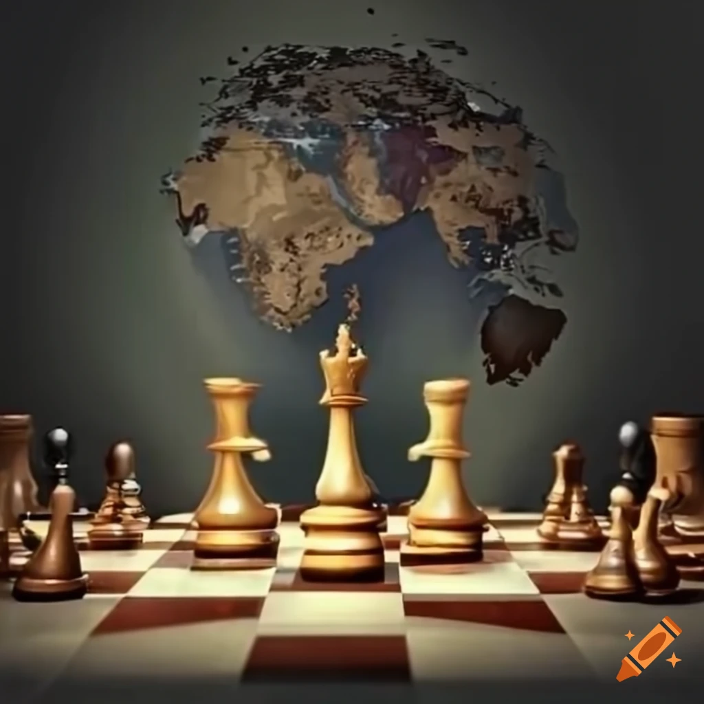 World map with chess pieces symbolizing global power struggle on Craiyon