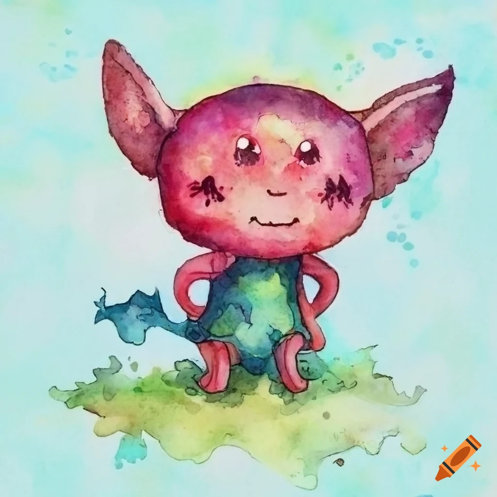 Watercolor of a super cute imp standing on Craiyon