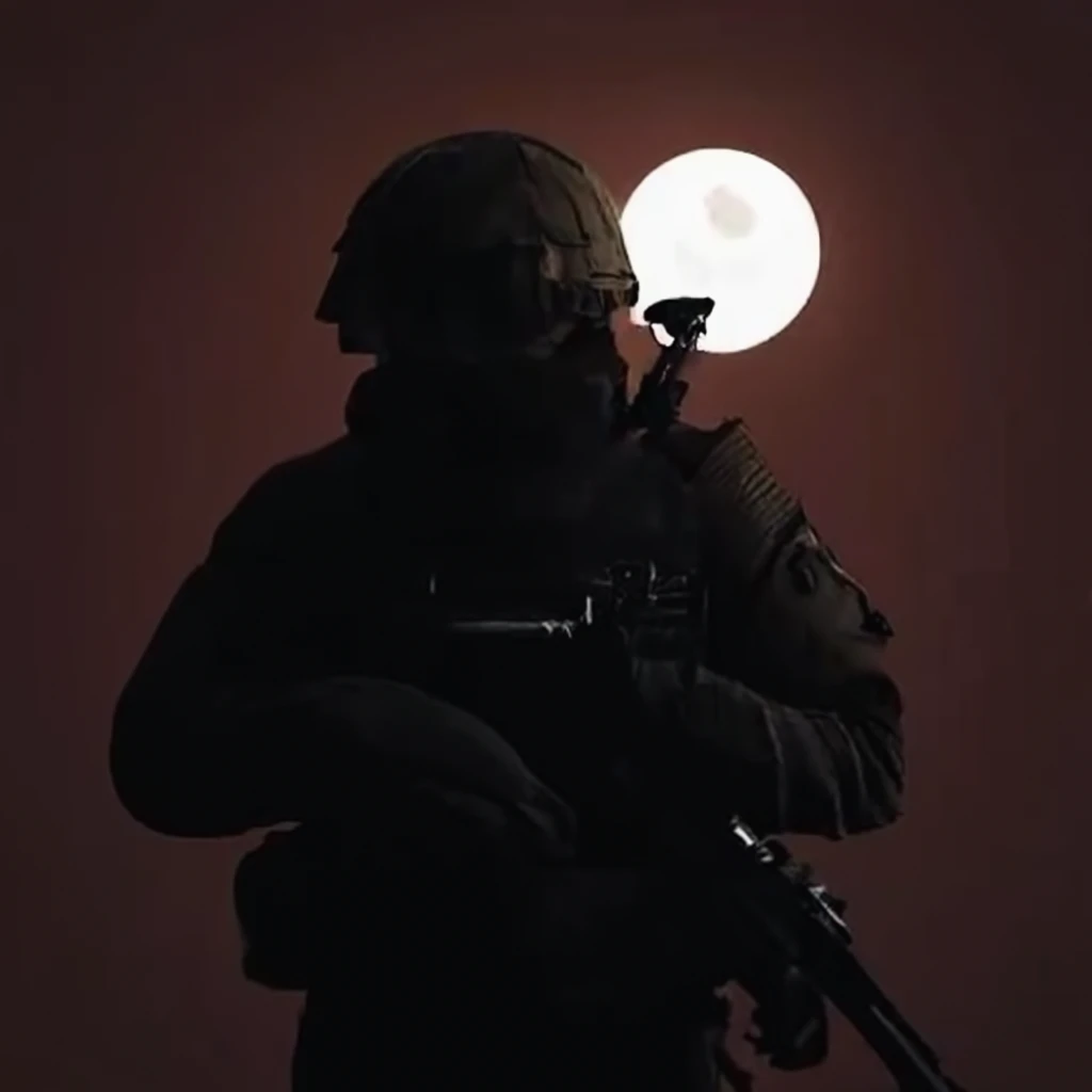 Soldier with flashlight walking alone at night in a field on Craiyon