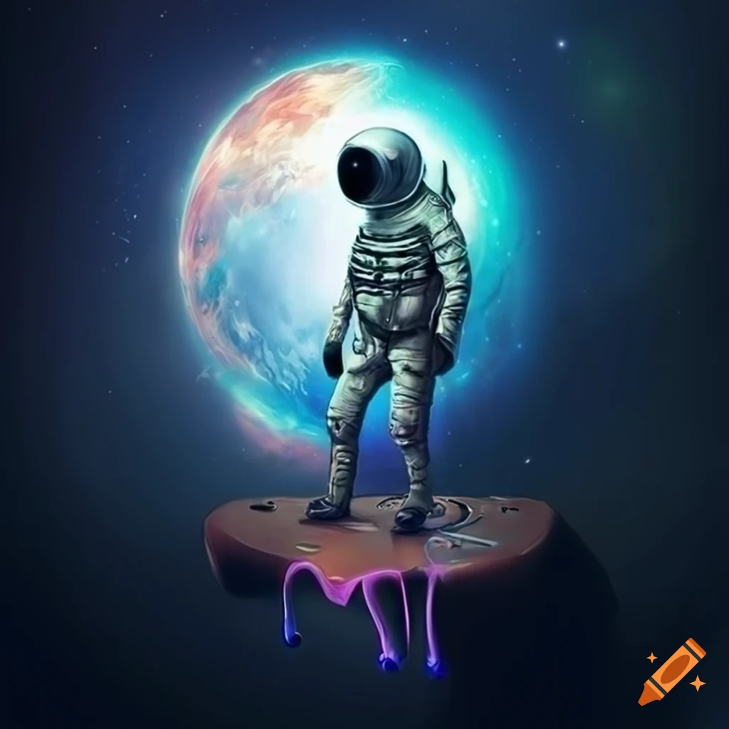 Surreal digital art of a skeletal astronaut holding a melting planet on ...