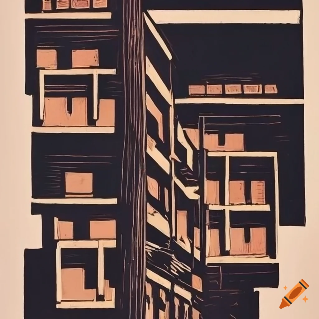 Brutalist architecture linocut artwork on Craiyon