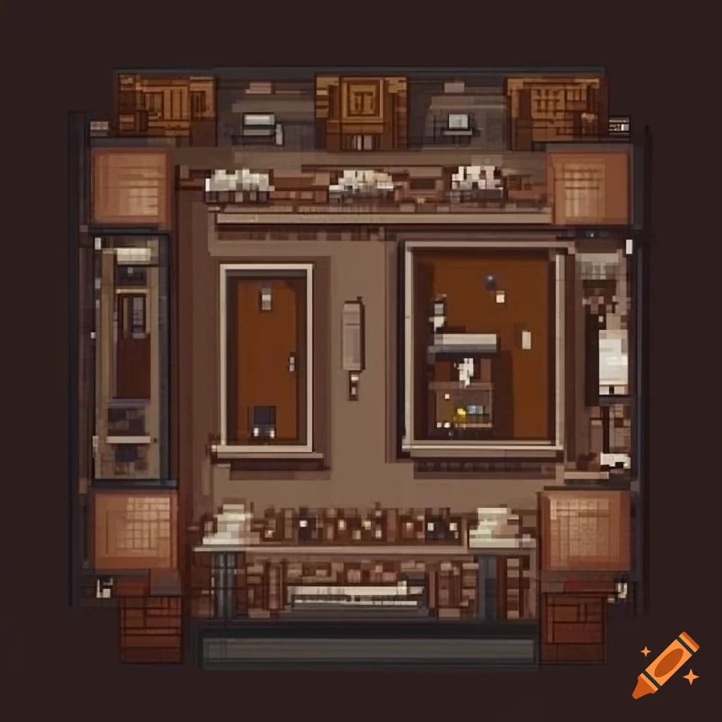 2d pixel art of a hotel bar with dark and brown colors on Craiyon