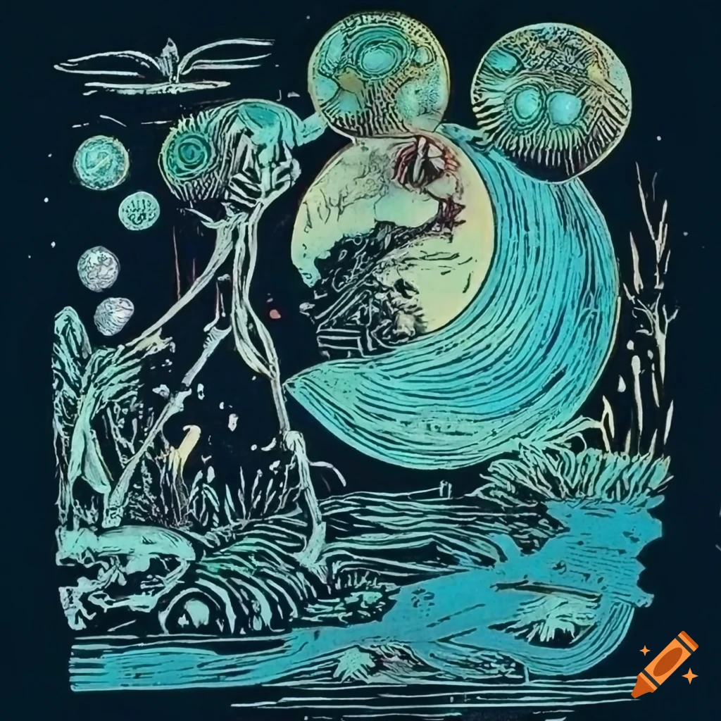 Linocut of an alien landscape with spaceships and astronauts on Craiyon