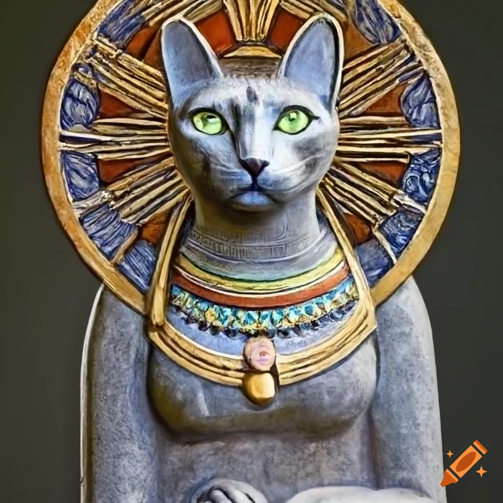 Carving of Egyptian cat goddess Bastet on a stone cliff on Craiyon