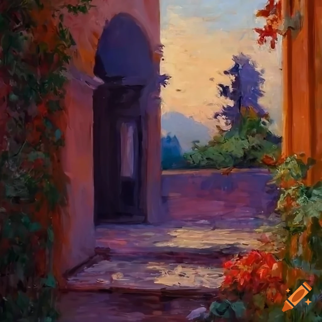 Impressionist painting of a charming Italian house with a courtyard on ...